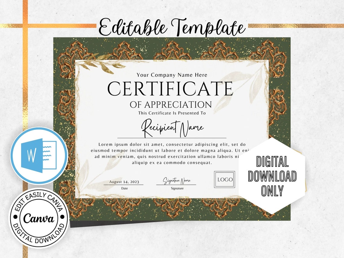 Editable Certificate of Appreciation. Award Template. - Etsy