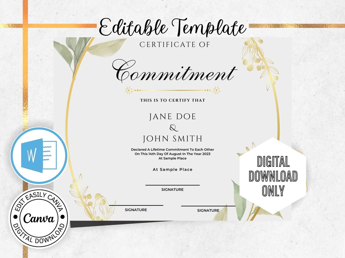 Editable Certificate of Commitment. Editable With Canva or - Etsy