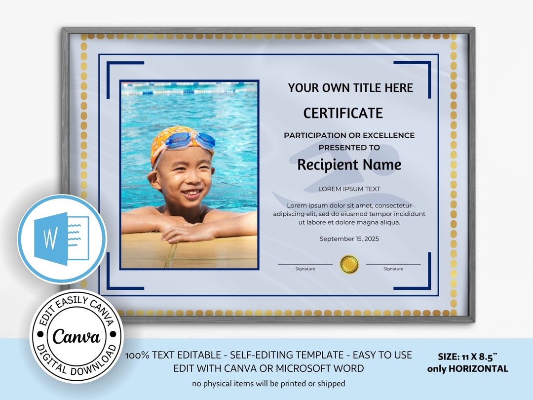 Editable Swimming Sports Certificate Template With Photo. - Etsy