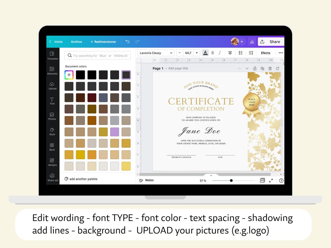 Editable Certificate of Completion Template. Award Template. - Etsy