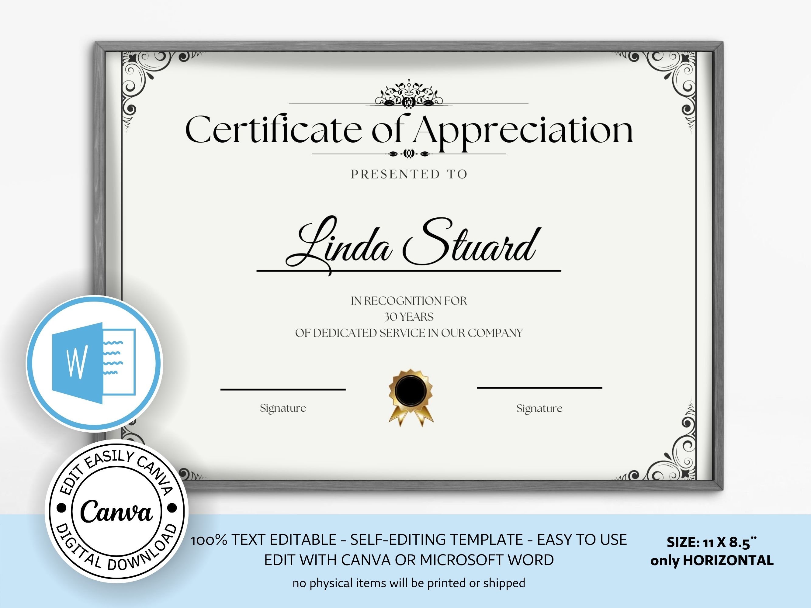 Editable Certificate Of Appreciation Template Award Template Etsy