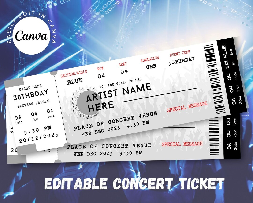 Editable Concert Ticket Template Surprise Getaway Gift - Etsy