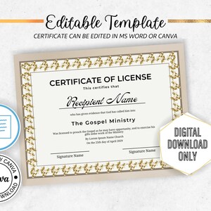 Editable Certificate of License Template. Award Template. - Etsy