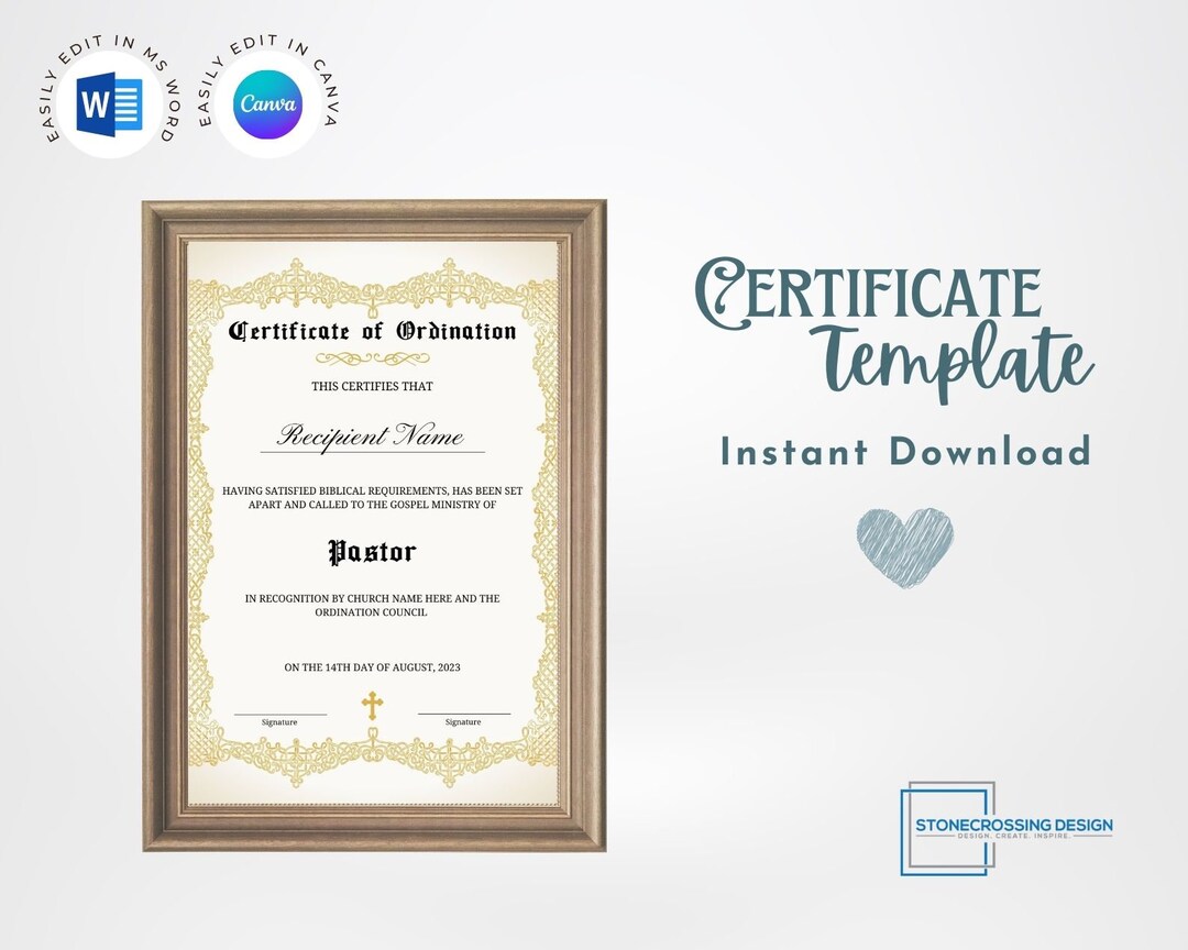 Editable Certificate of Ordination Template. Ordained Minister ...