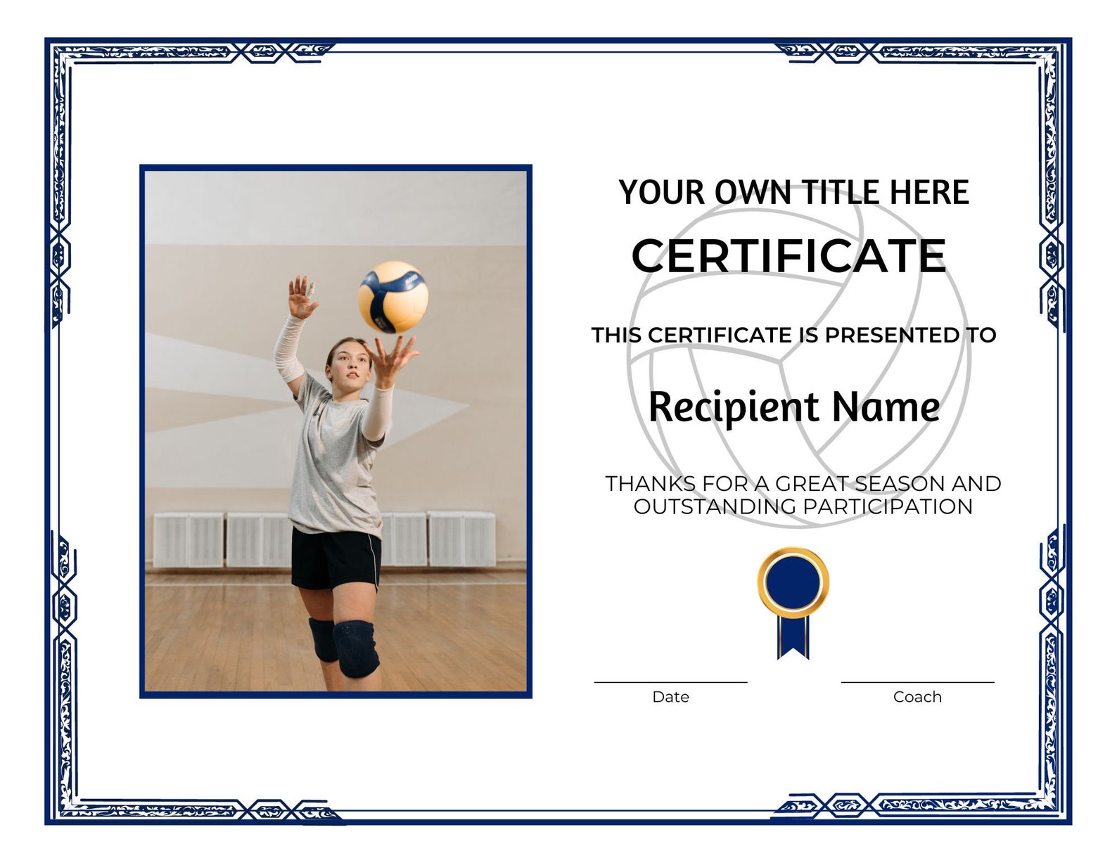 Editable Volleyball Sports Certificate Template With Photo. - Etsy