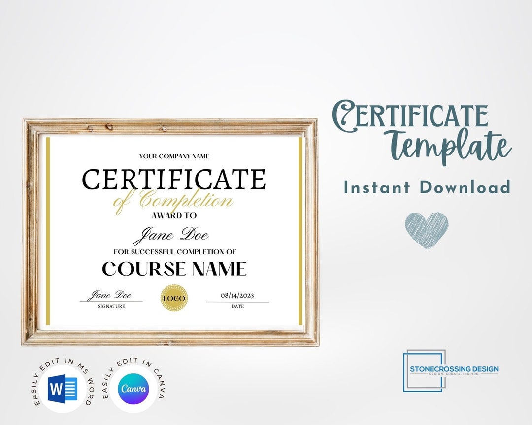 Editable Certificate of Completion Template. Award Template. Printable ...