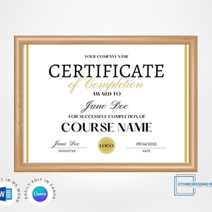 Editable Certificate of Completion Template. Award Template. Printable ...