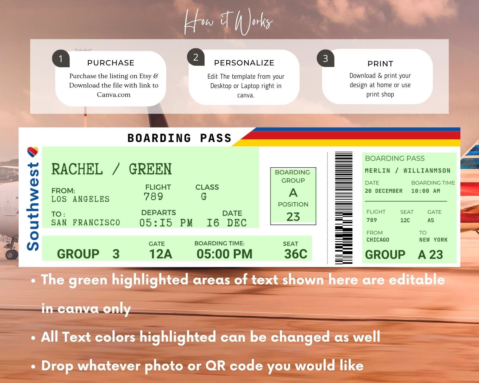Editable Airline Boarding Pass Ticket Template. Surprise Trip - Etsy