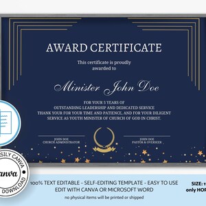 Editable Award Certificate. Recognizing Excellence and - Etsy