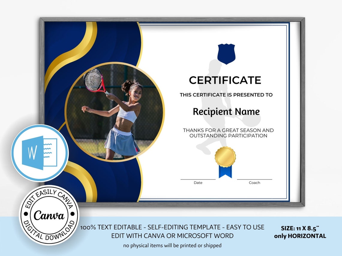 Editable Tennis Sports Certificate Template With Photo. Award. - Etsy