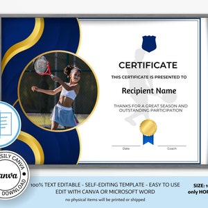 Editable Tennis Sports Certificate Template With Photo. Award. - Etsy