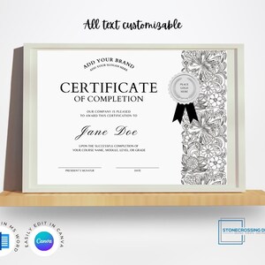 Editable Certificate of Completion Template. Award Template. Printable ...