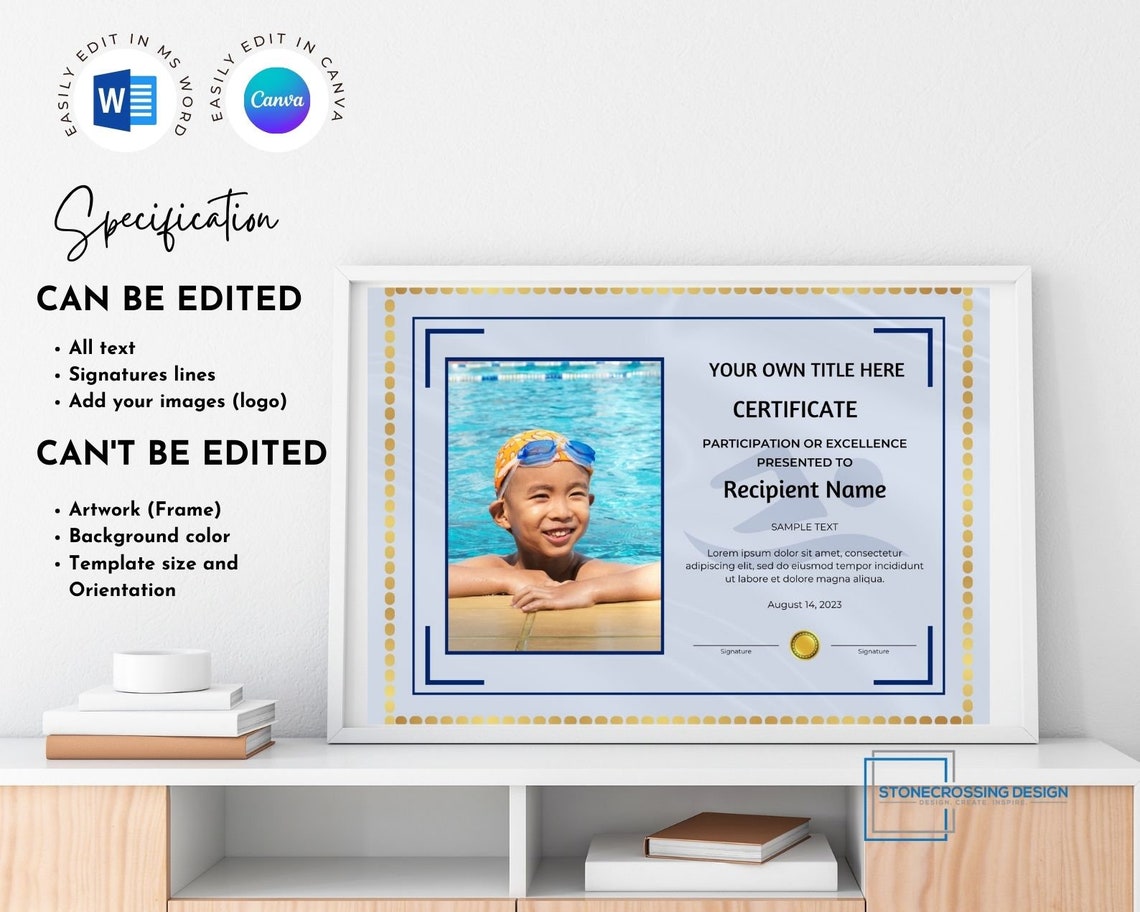 Editable Swimming Sports Certificate Template With Photo. - Etsy