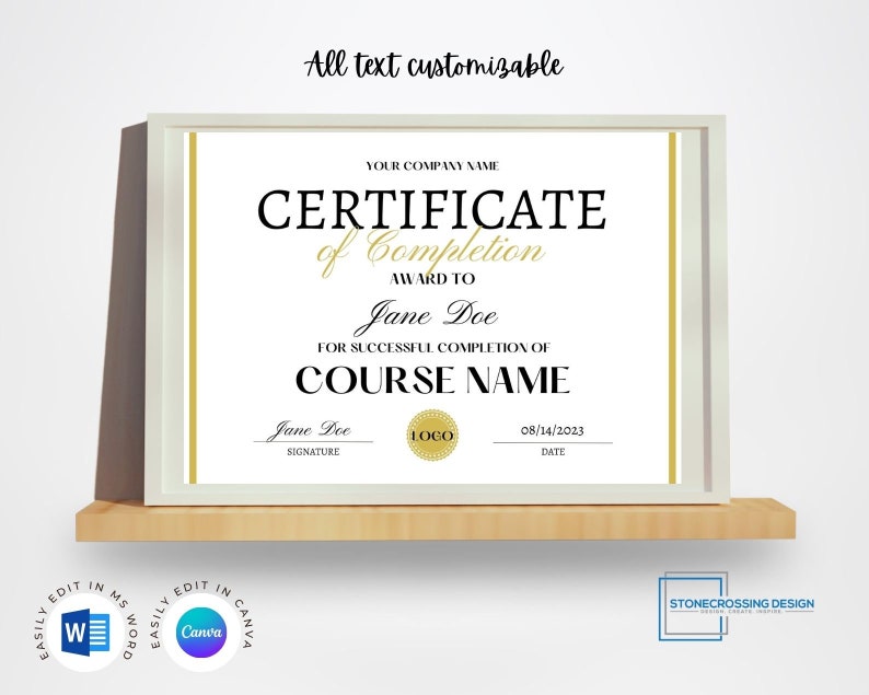 Editable Certificate of Completion Template. Award Template. Printable ...
