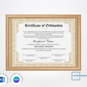 Editable Certificate of Ordination Template. Ordained Minister ...