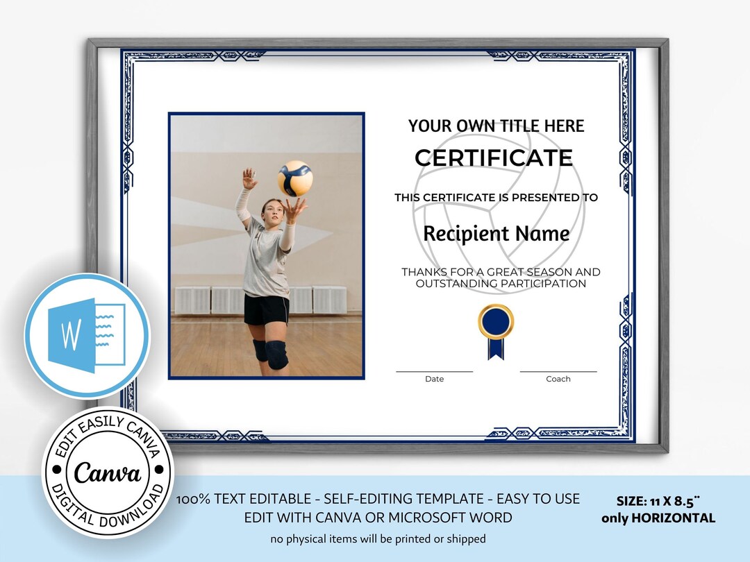 Editable Volleyball Sports Certificate Template With Photo. - Etsy