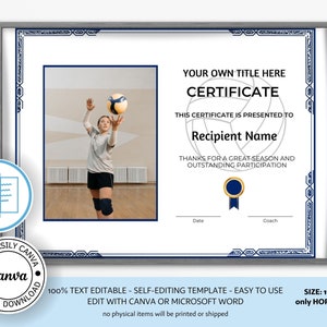Editable Volleyball Sports Certificate Template With Photo. - Etsy