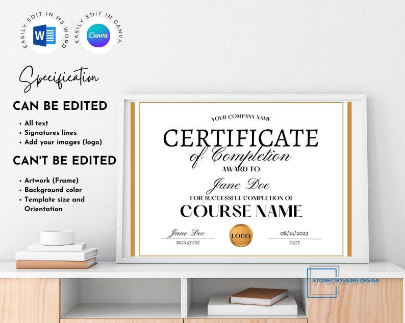 Editable Certificate of Completion Template. Award Template. Printable ...