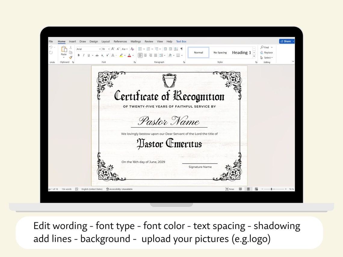 Editable Certificate of Recognition Template. Award Template. - Etsy