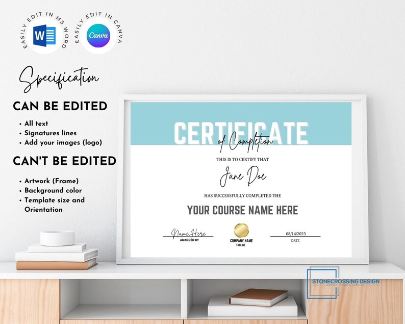 Editable Certificate of Completion Template. Award Template. Printable ...