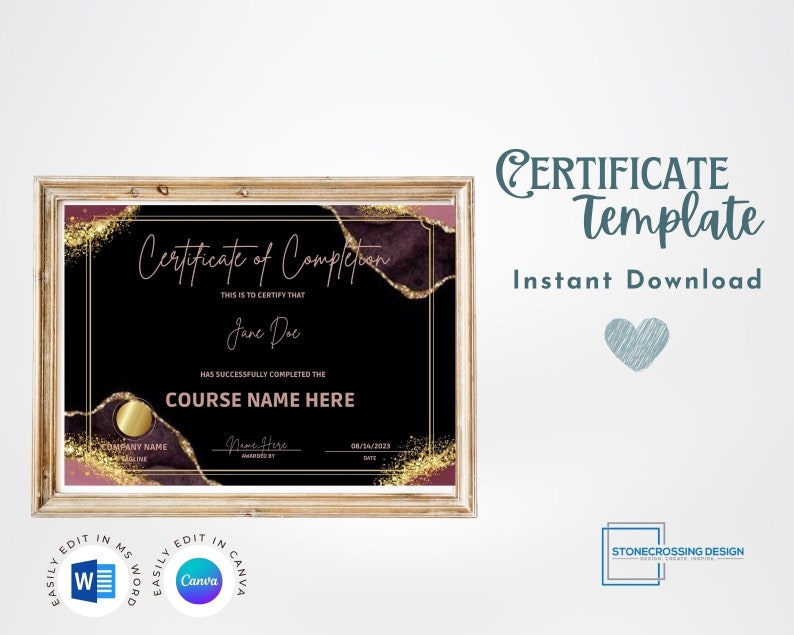Editable Certificate of Completion Template. Award Template. Printable ...