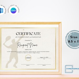 Editable Certificate of Participation or Excellence. Tennis Award ...