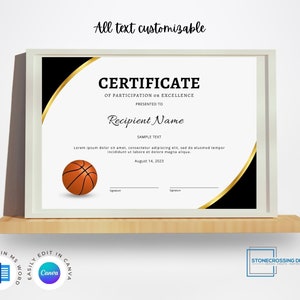 Editable Certificate of Participation or Excellence. Basketball Award ...