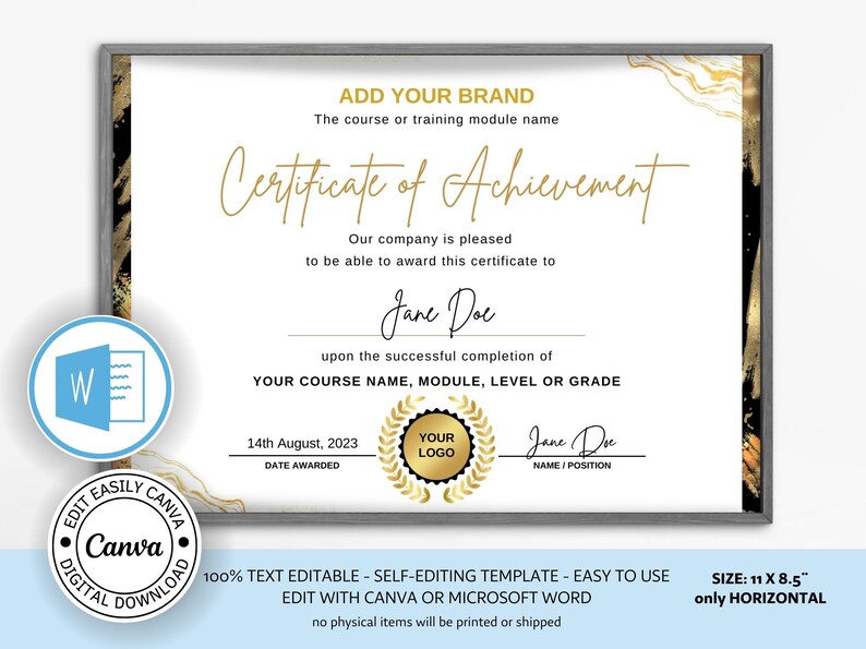 Editable Certificate of Achievement Template. Award Template. - Etsy