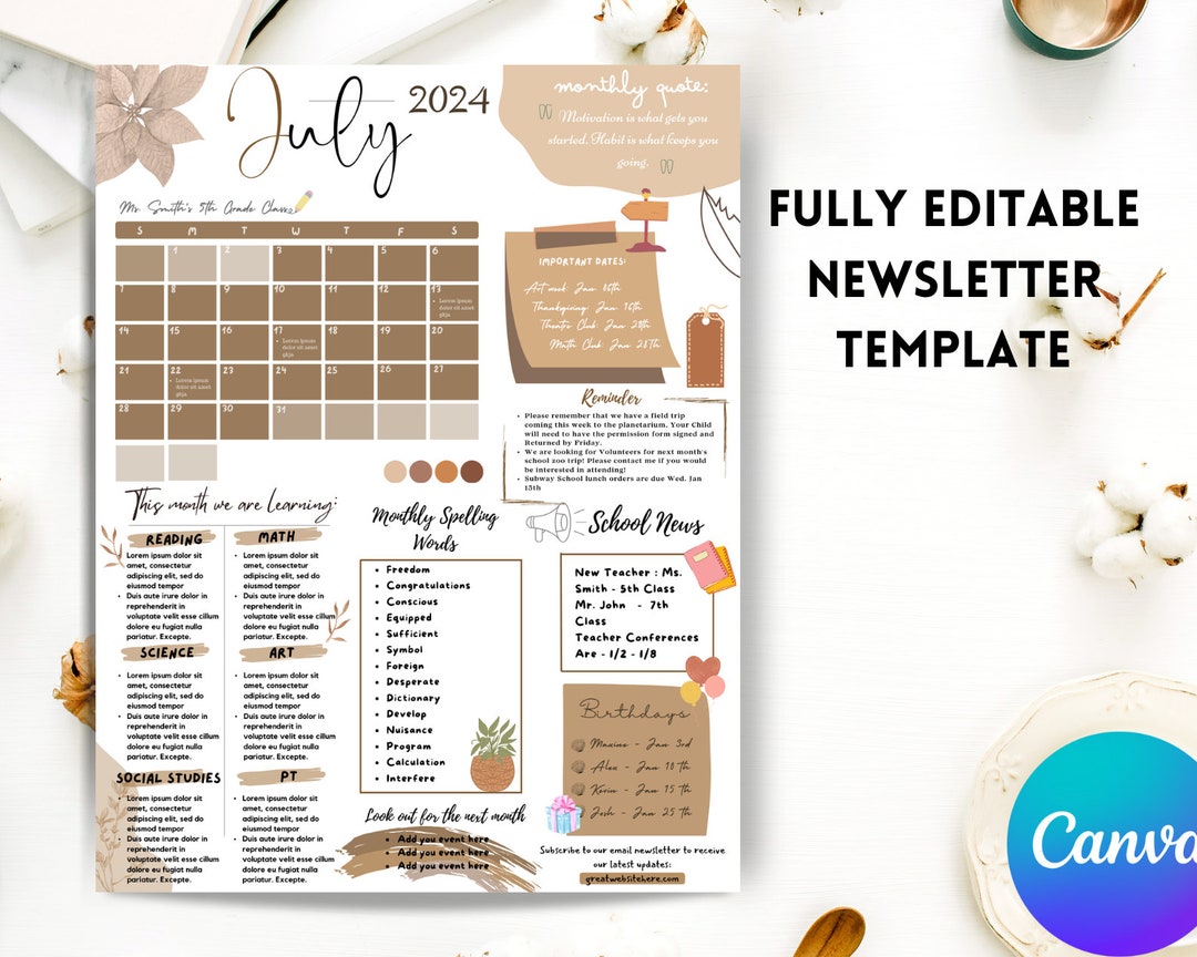 July 2024 Newsletter Template Editable Monthly Newsletter Printable ...