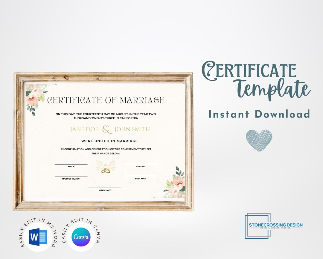 Editable Certificate of Marriage Template. Marriage License. Printable ...