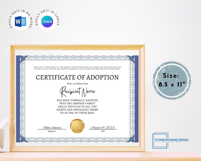 Editable Certificate of Adoption Template. Adoption - Etsy