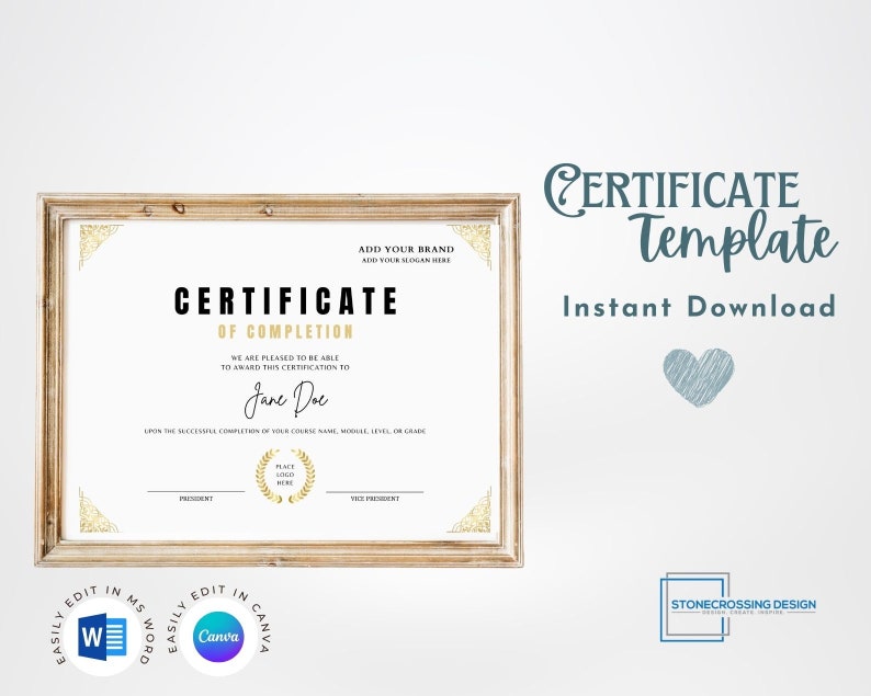 Editable Certificate of Completion Template. Award Template. Printable ...