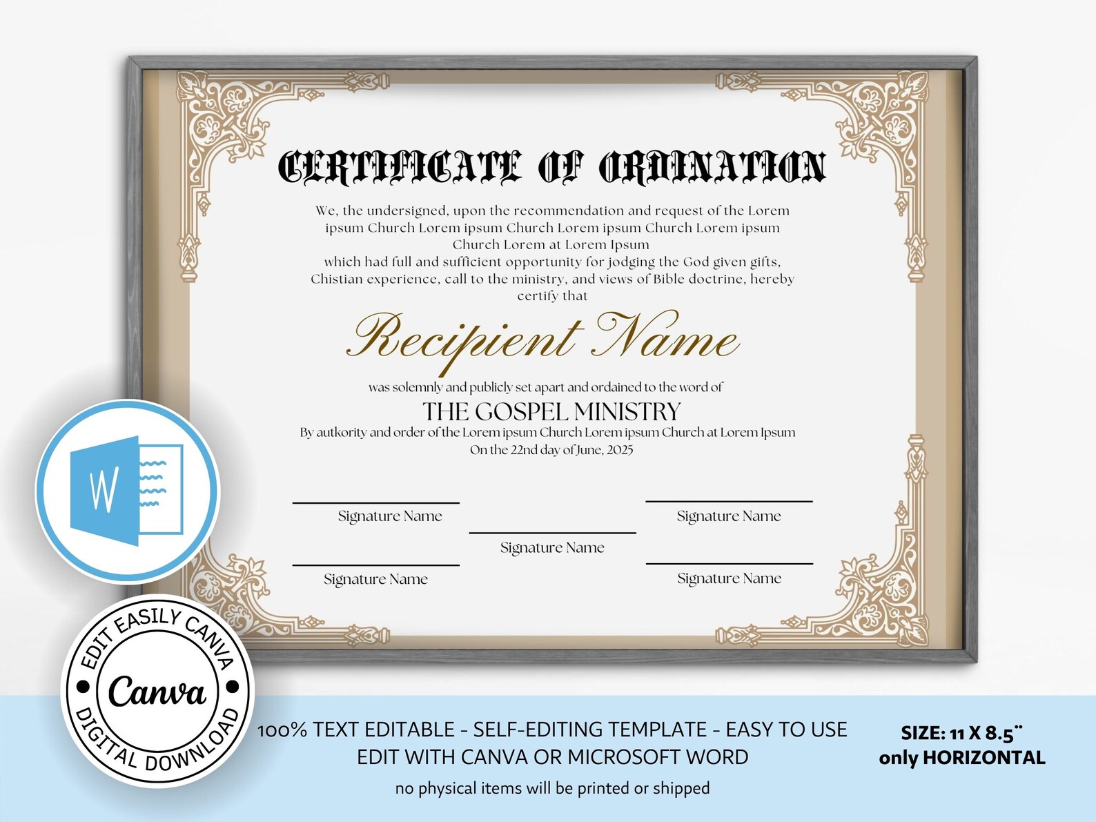 Editable Certificate of Ordination Template. Ordained - Etsy