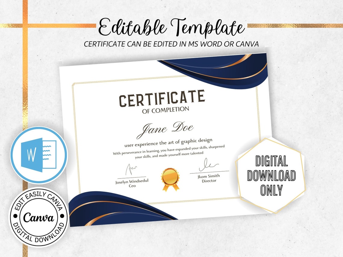 Editable Certificate of Completion Template. Award Template. - Etsy