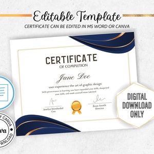 Editable Certificate of Completion Template. Award Template. - Etsy