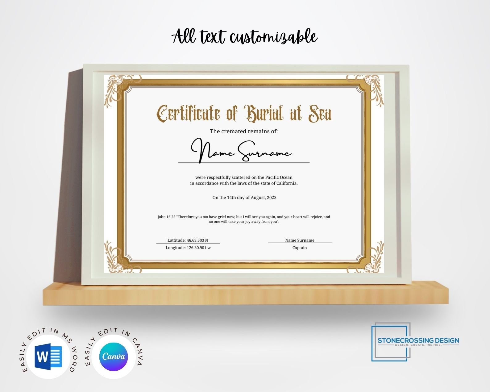 Editable Certificate of Burial Template. Award Template. Printable ...