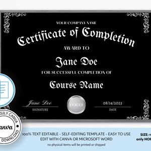 Editable Certificate of Completion Template. Award Template. - Etsy