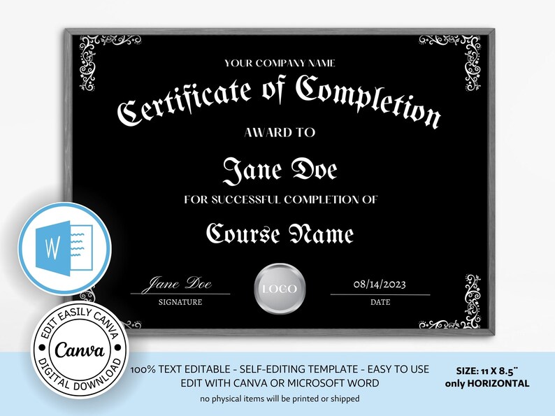 Editable Certificate of Completion Template. Award Template. - Etsy