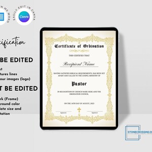 Editable Certificate of Ordination Template. Ordained Minister ...
