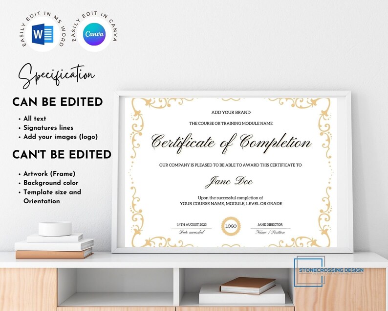 Editable Certificate of Completion Template. Award Template. Printable ...