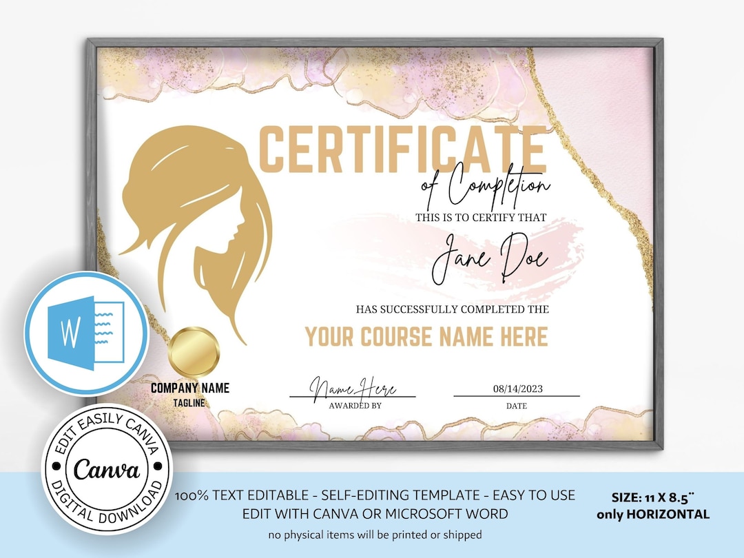 Editable Certificate of Completion Template. Award Template. - Etsy