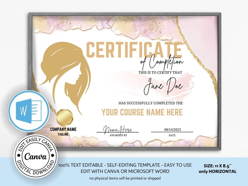 Editable Certificate of Completion Template. Award Template. - Etsy