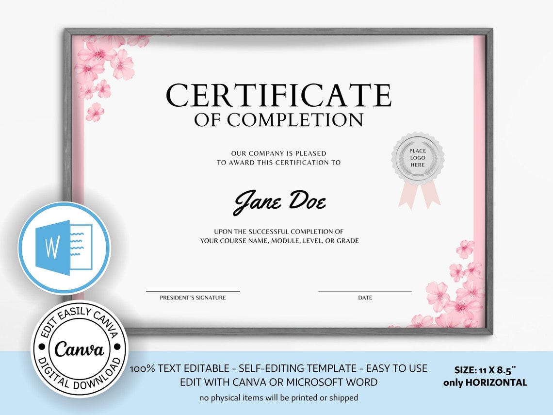 Editable Certificate of Completion Template. Award Template. - Etsy