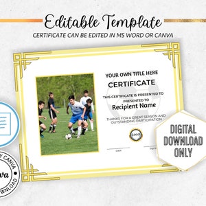 Editable Soccer Sports Certificate Template With Photo. Award. - Etsy