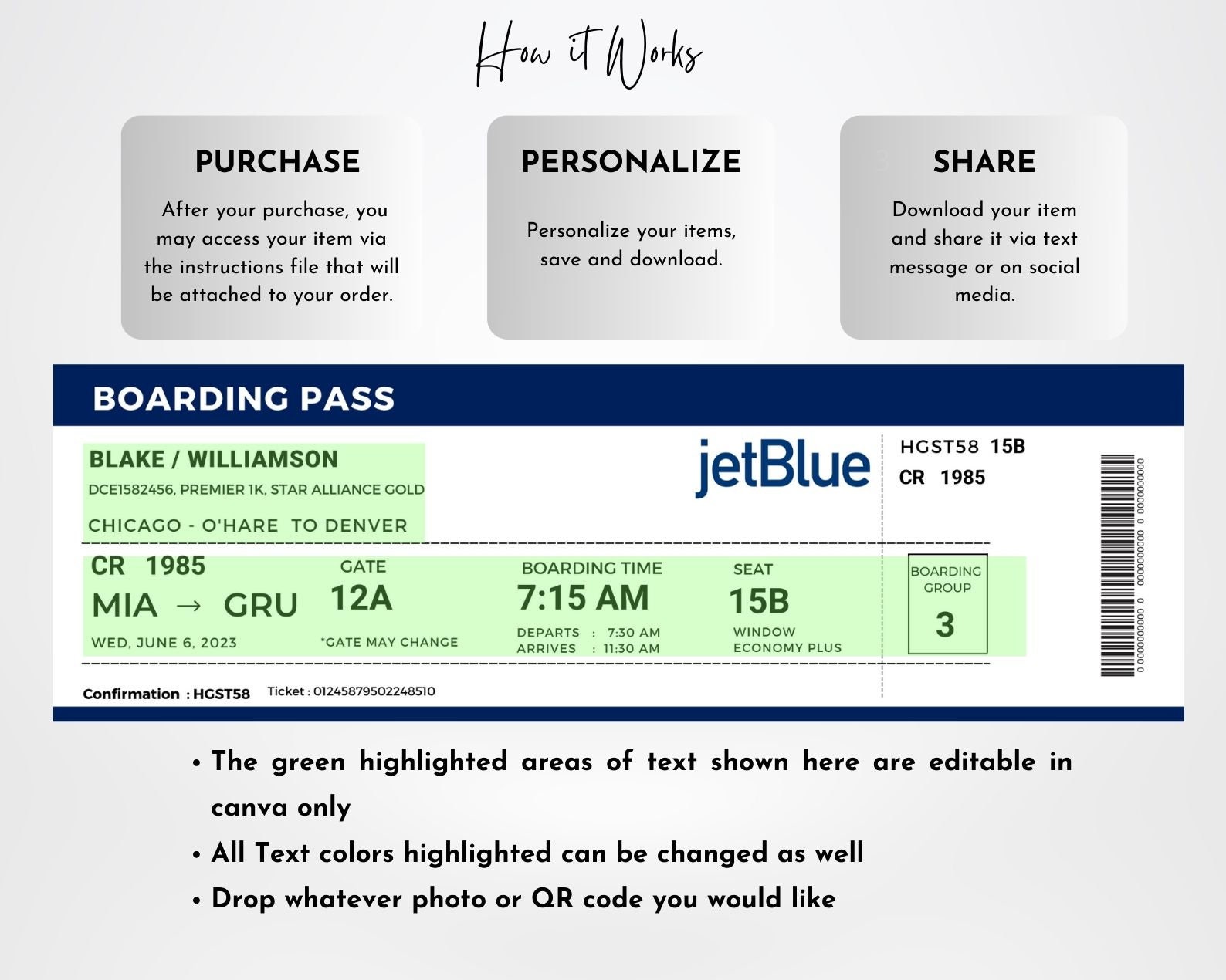 Editable Airline Boarding Pass Ticket Template. Surprise Trip Ticket ...