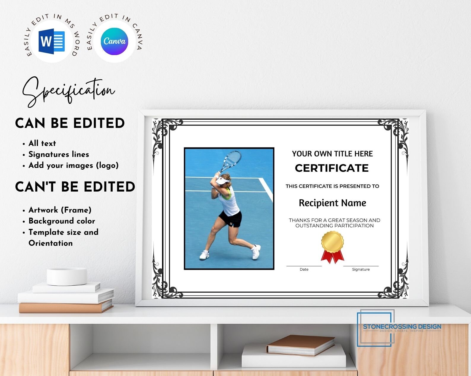 Editable Tennis Sports Certificate Template With Photo. Award. Trophy ...