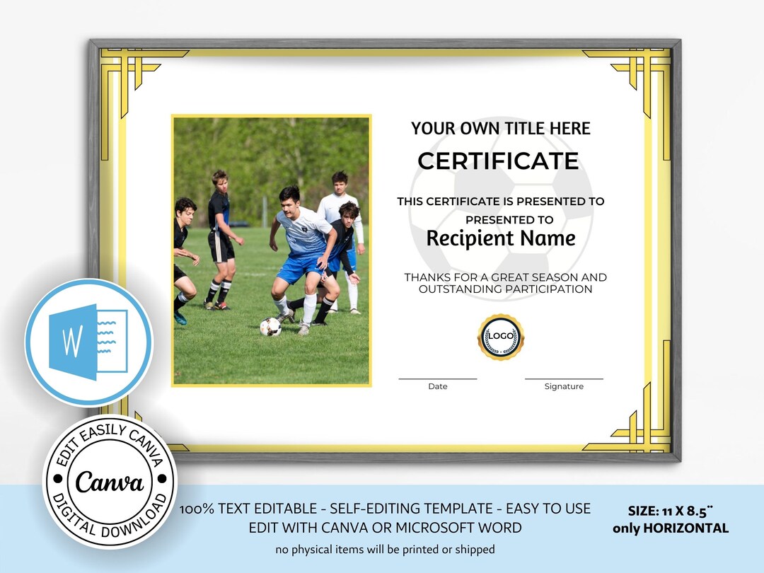 Editable Soccer Sports Certificate Template With Photo. Award. - Etsy