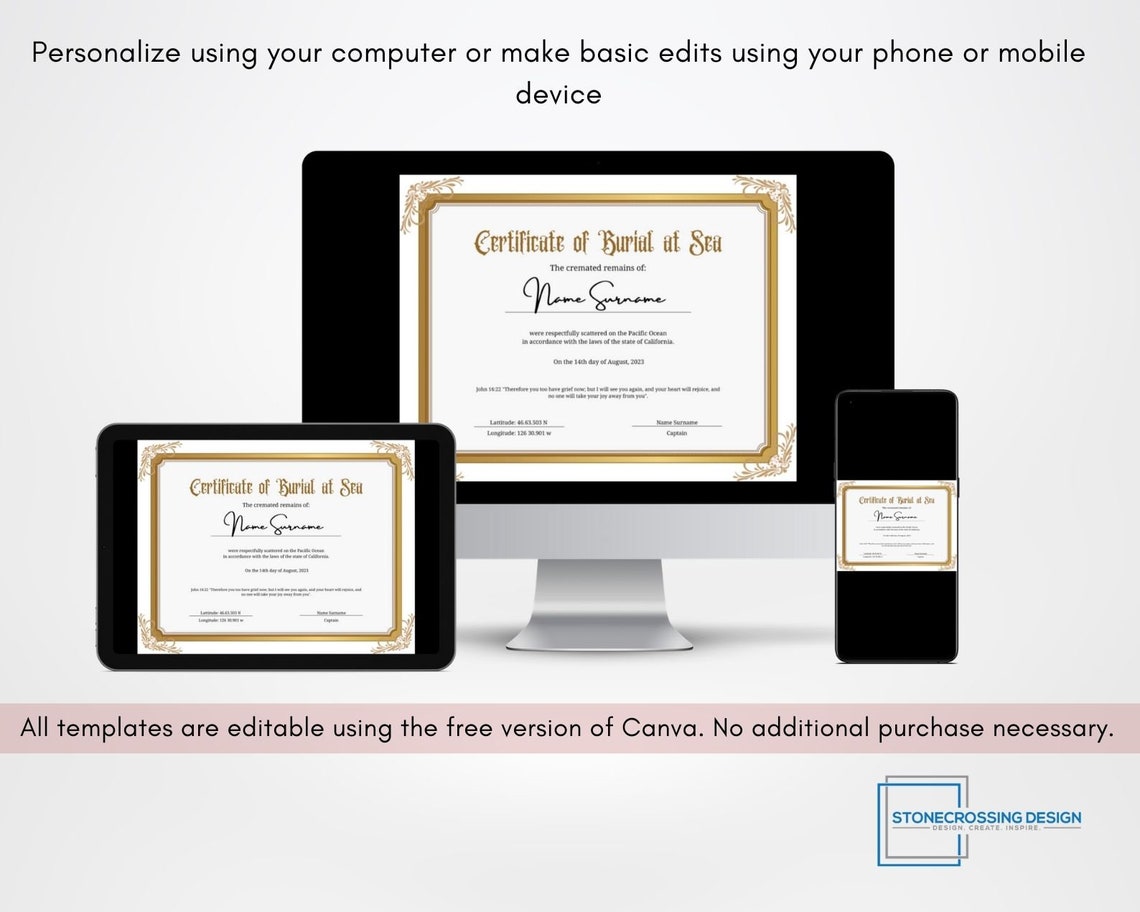 Editable Certificate of Burial Template. Award Template. Printable ...