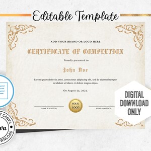 Editable Certificate of Completion Template. Award Template. - Etsy