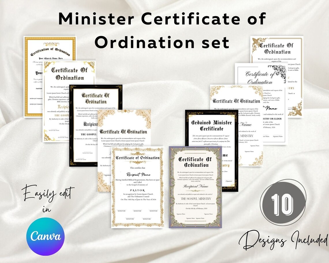 Complete Set of 10 Certificate of Ordination Minister Template - Etsy